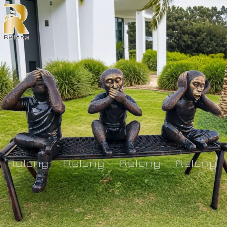 Bronze Three Wise Monkeys Statue Sitting on Bench - Relong Art Sculpture